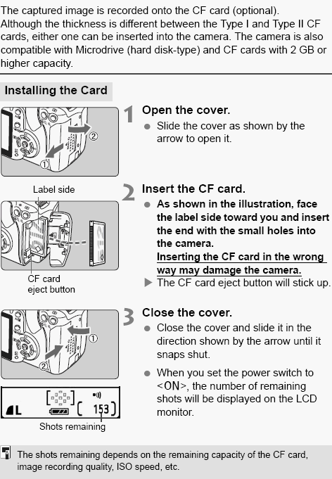 How to install the CF card into the EOS Digital Rebel XTi.