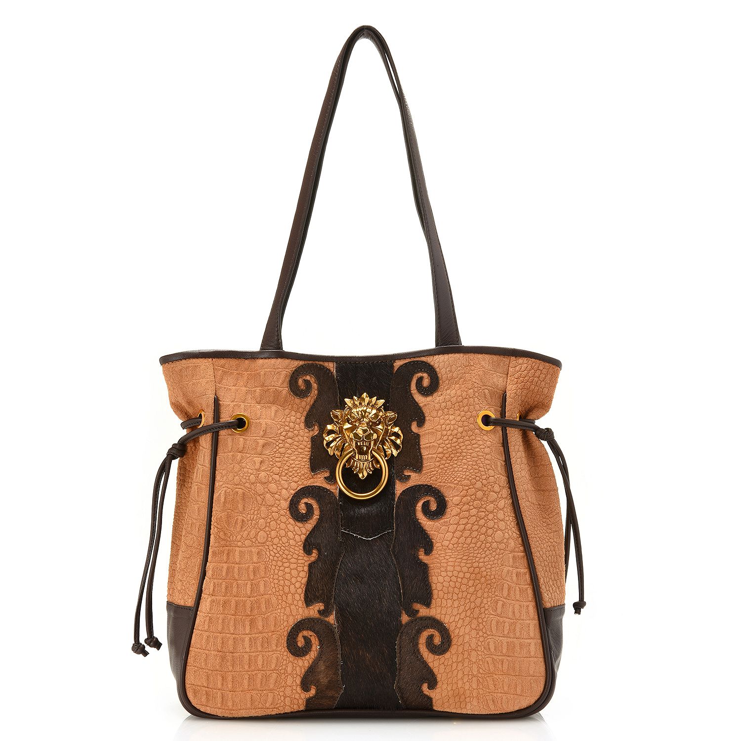 (ShopHQ) Sharif Museum Leather & Haircalf Lion Knocker Tote Bag w ...