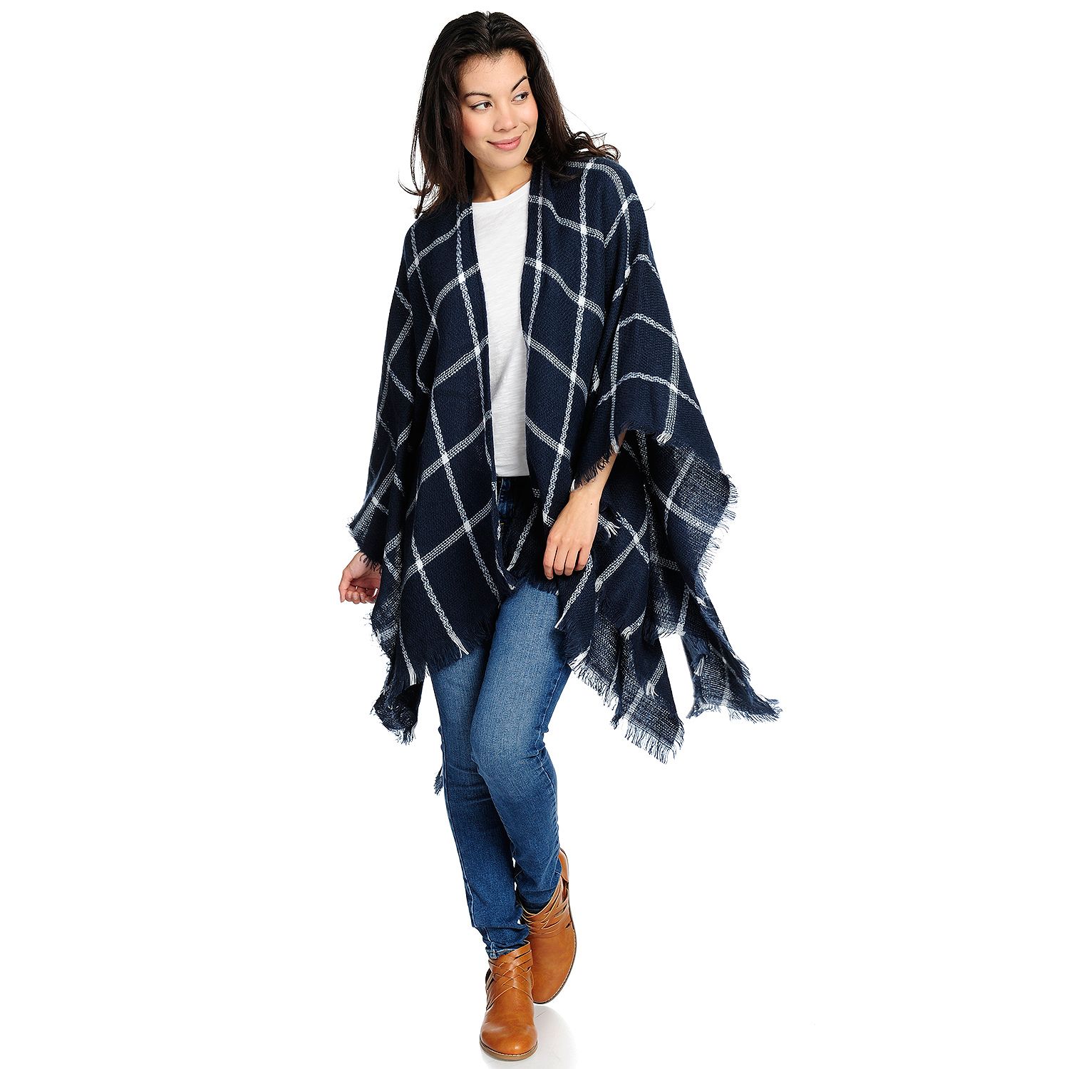 (ShopHQ) Web TTV – Harve Benard Windowpane Fringe Detailed Ruana Wrap ...