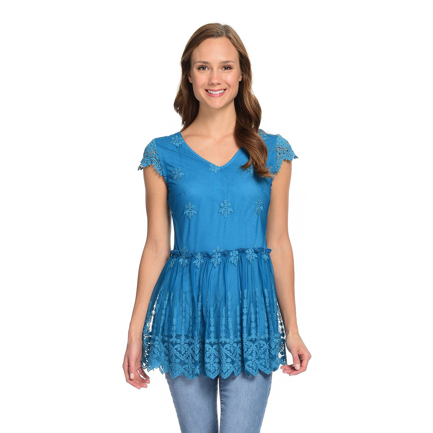 (ShopHQ) Indigo Thread Co. Embroidered Mesh & Lace Cap Sleeve V-Neck ...