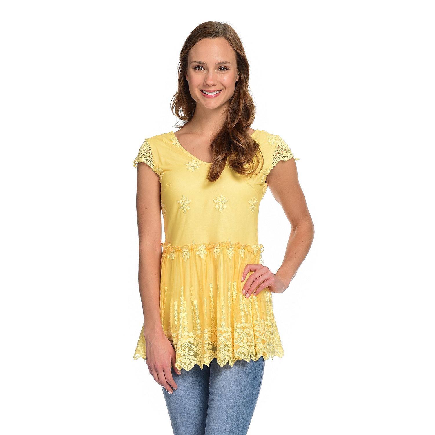 (ShopHQ) Indigo Thread Co. Embroidered Mesh & Lace Cap Sleeve V-Neck ...