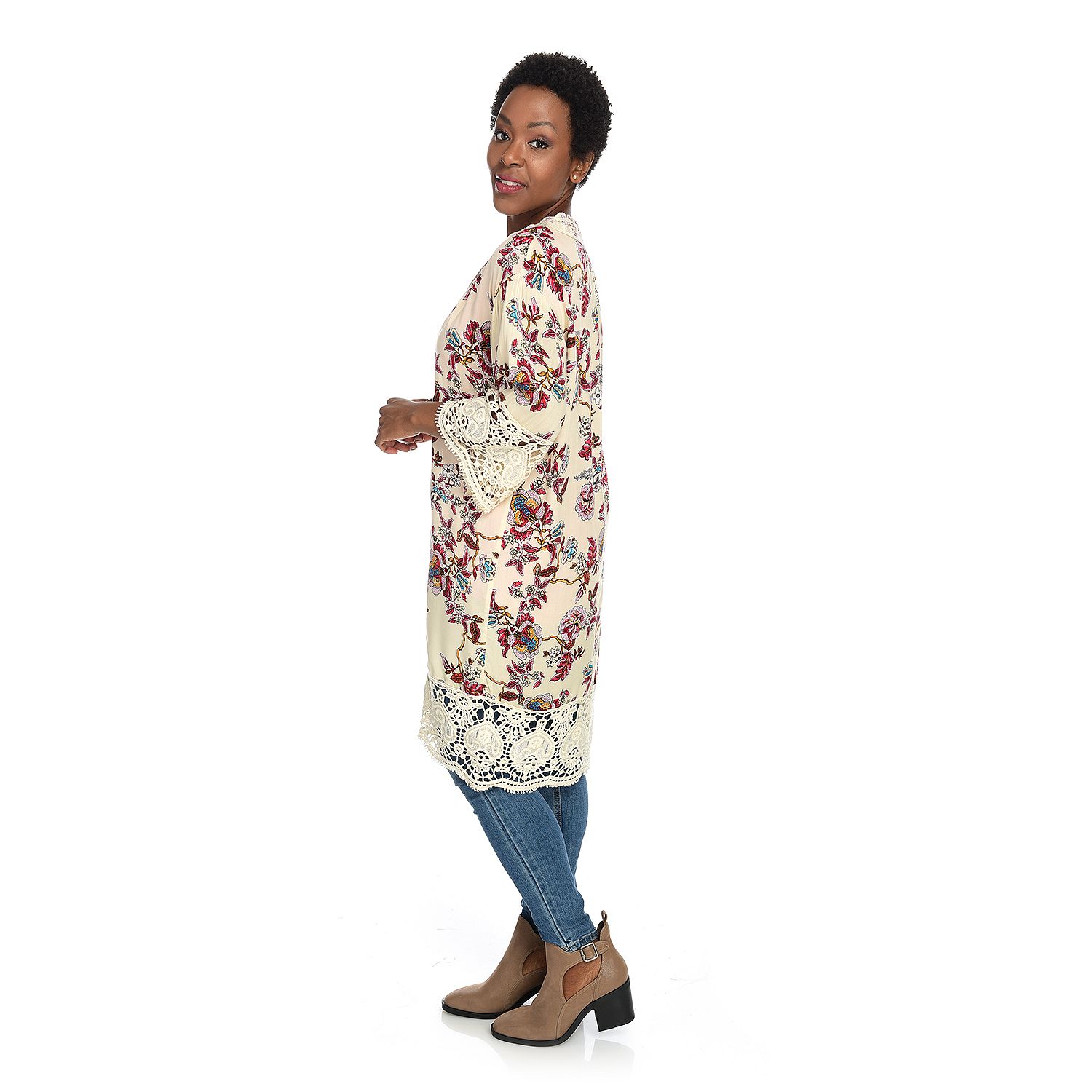 (ShopHQ) Indigo Thread Co.™ Woven 3/4 Sleeve Open Front Crochet Lace ...