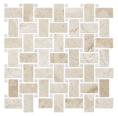 Queen Beige Tumbled Marble Niles with White Marble Mosaic Wall and ...