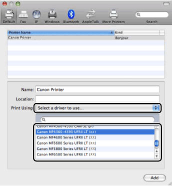Adding a Printer using a Bonjour Connection (Mac Driver V2.43)
