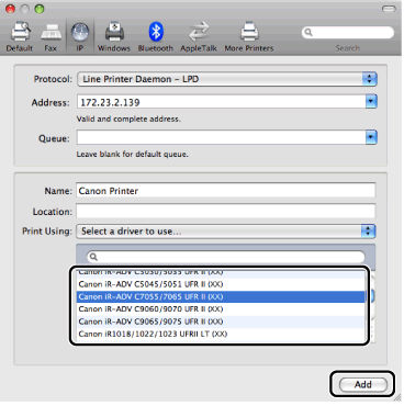 Adding a Printer using a TCP/IP Connection (Mac Driver V2.43)