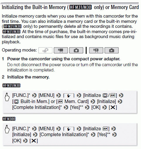Formatting the memory or card with the HF M30 series camcorders