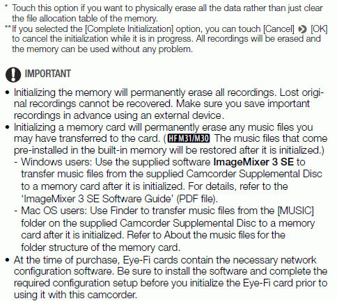 Formatting the memory or card with the HF M30 series camcorders