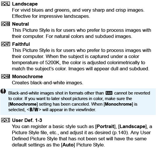 Picture Styles: Optimal Image Characteriestics for the Subject