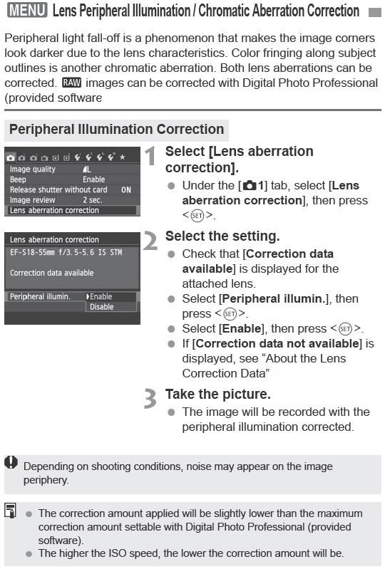 MENU Lens Peripheral Illumination / Chromatic Aberration Correction