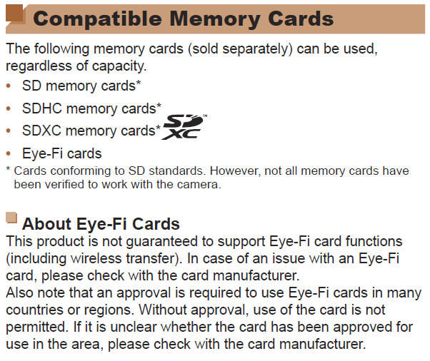Compatible Memory Cards and Wi-Fi Cards