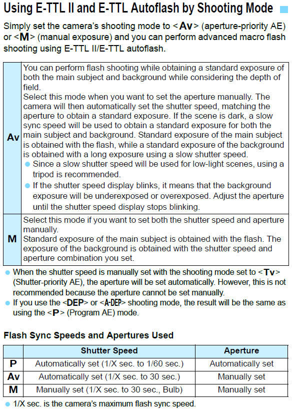 Using E-TTL II and E-TTL Autoflash by Shooting Mode