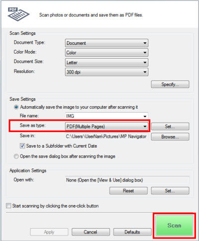 How to create a multiple page PDF file using MP Navigator EX