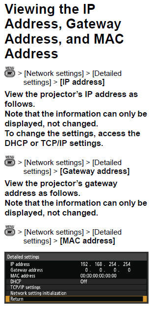 Viewing the IP Address, Gateway Address, and MAC Address