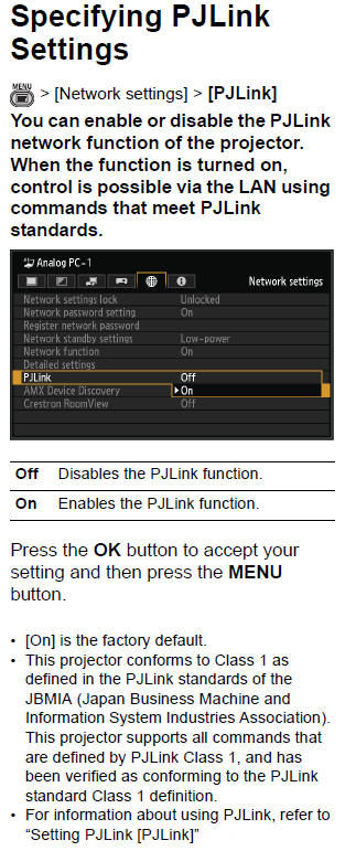 Specifying PJLink Settings