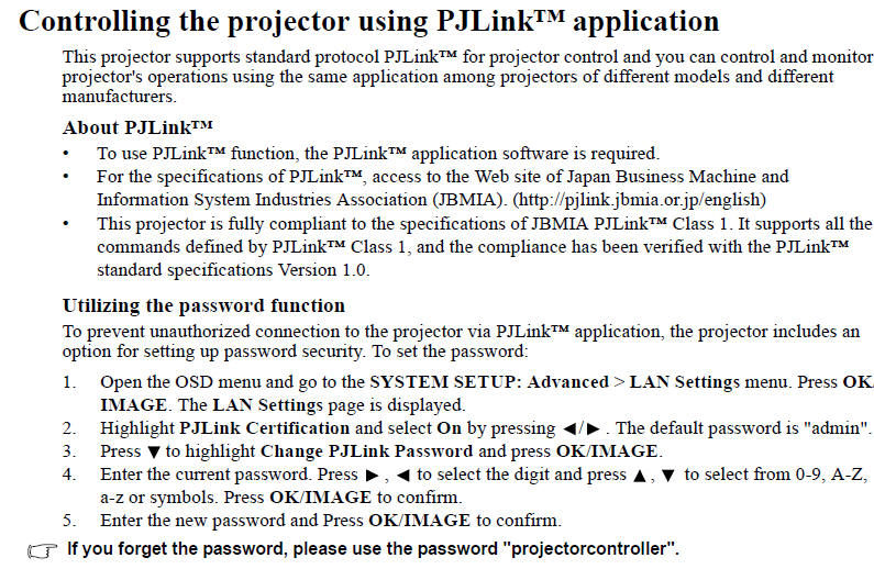 Controlling the projector using PJLink™ application