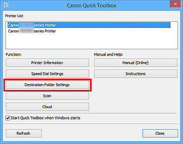 Setting Destination Folders in Quick Toolbox (Windows)
