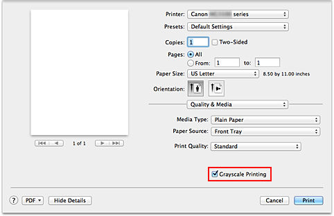 Printing a Color Document in Monochrome (Black and White) (Mac)