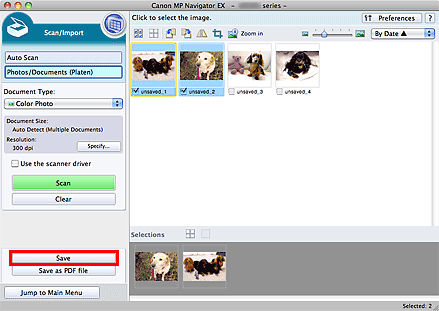 Saving images scanned with MP Navigator EX - Mac