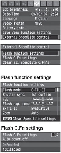 Here are the Flash Function Settings and Flash Custom Functions available on the EOS 1Ds MK III