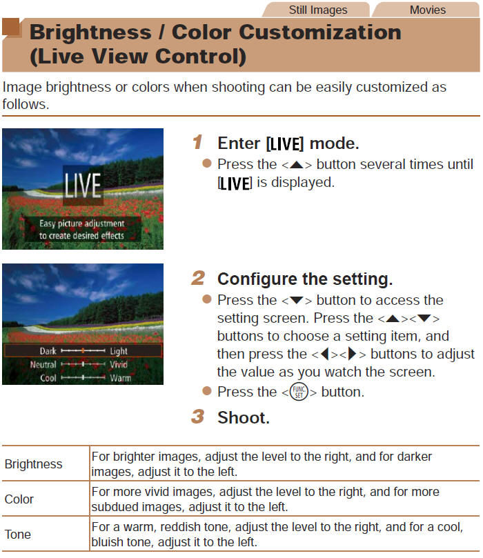 Brightness / Color Customization (Live View Control)