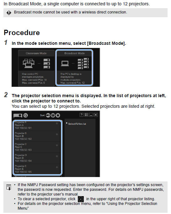 Using the Projector in Broadcast Mode
