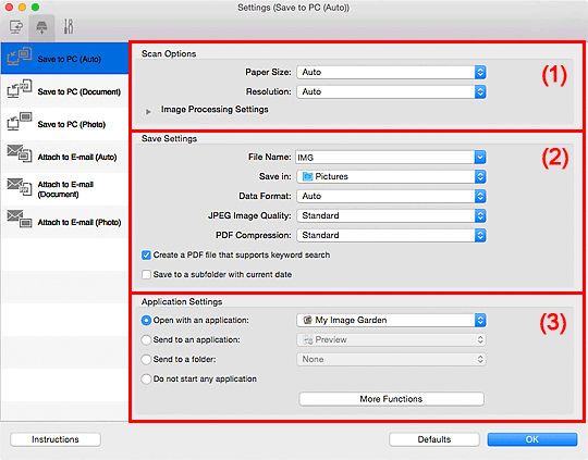 Settings (Save to PC (Auto)) Dialog Box (Mac) - MG5700 Series / MG6800 Series / MG7720
