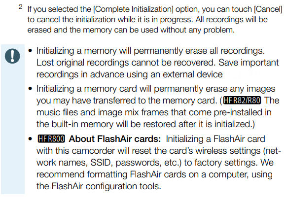 Initializing memory (VIXIA HF R800)