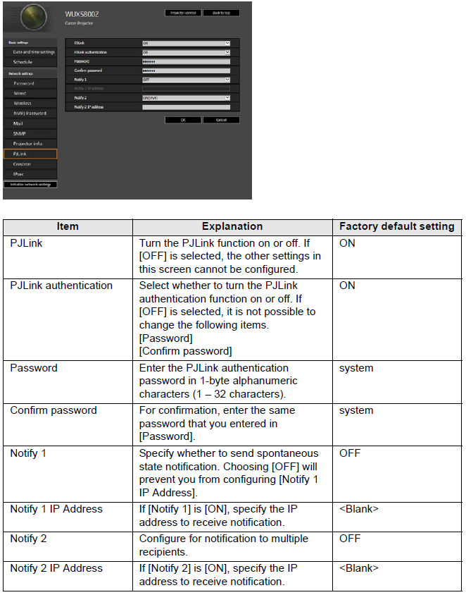 Setting PJLink [PJLink] WUX7000Z / WUX6600Z / WUX5800Z