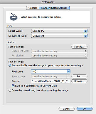 Scanner Button Settings Tab (Save to PC) - MX372 (Mac)