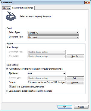 Scanner Button Settings Tab (Save to PC) - MX372 (Windows)