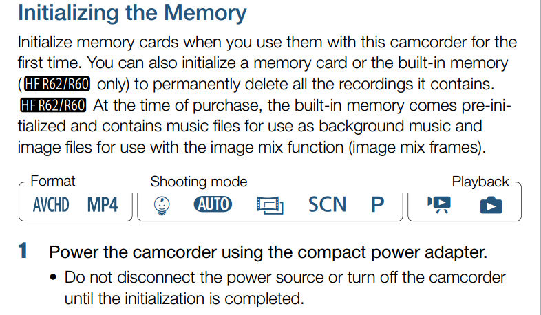 Initializing the Memory and formatting the Memory Card