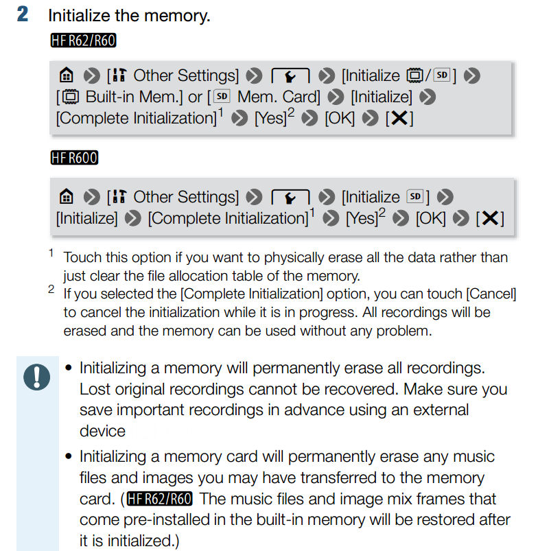 Initializing the Memory and formatting the Memory Card