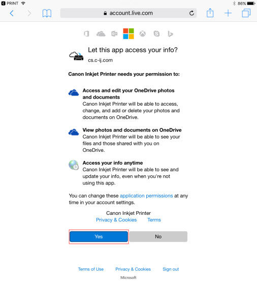 Unable to Log into OneDrive or OneNote from Operation Panel