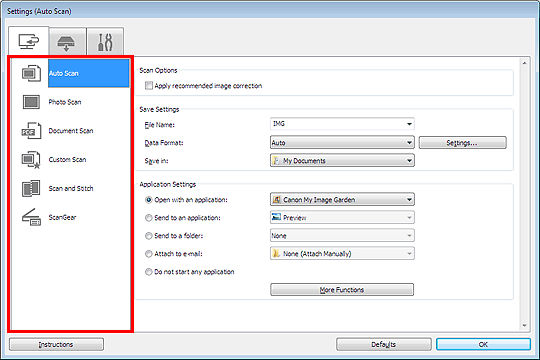 Available scan settings