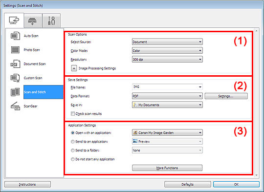 IJ Scan Utility Scan and Stitch Settings