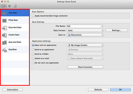 Available scan settings - Mac