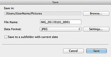 Save Dialog Box (Scan View) - My Image Garden (Mac)