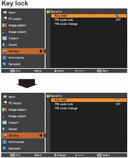 Settings - Security (Key lock and PIN code lock)
