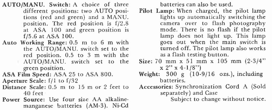 155A Speedlite : Here are the major specifications for the Speedlite.