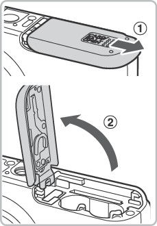 Installing the batteries and memory card into a PowerShot A490 and A495.