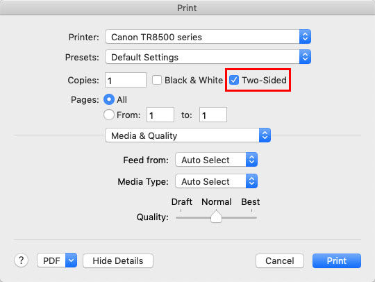 Unable to Locate Two Sided Printing Option - macOS