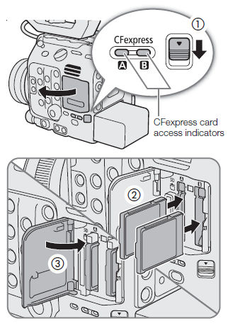 Inserting and removing a CFexpress card on the EOS C500 Mark II