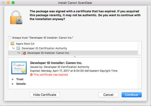 Expired certificate notice when installing ScanGear scanner driver ...