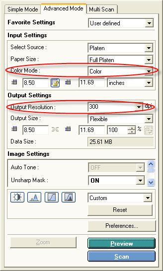 Adjusting Color Mode and Output (Scan) Resolution (LiDE 500F, LiDE 600F ...