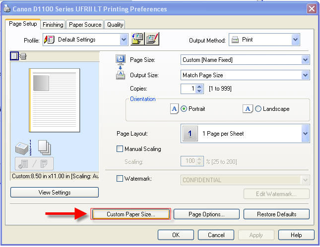 Printing on a Custom Paper Size (D1100 Series)