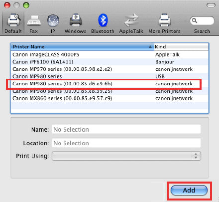 Use the IJ Network Tool to configure the connection (Mac)