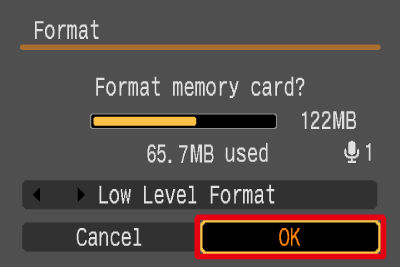 Formatting (initializing) memory cards using the PowerShot A1100 IS.