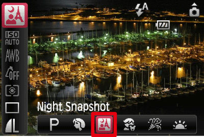 Setting the PowerShot SD1200 IS to Night Snapshot Mode.