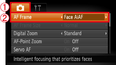 Setting the AF frame (Set the AF frame to Face Detect) with the PowerShot.