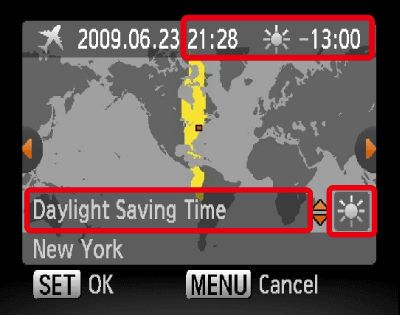 Using the World Clock (Setting Time Zones) with the PowerShot SD940 IS.